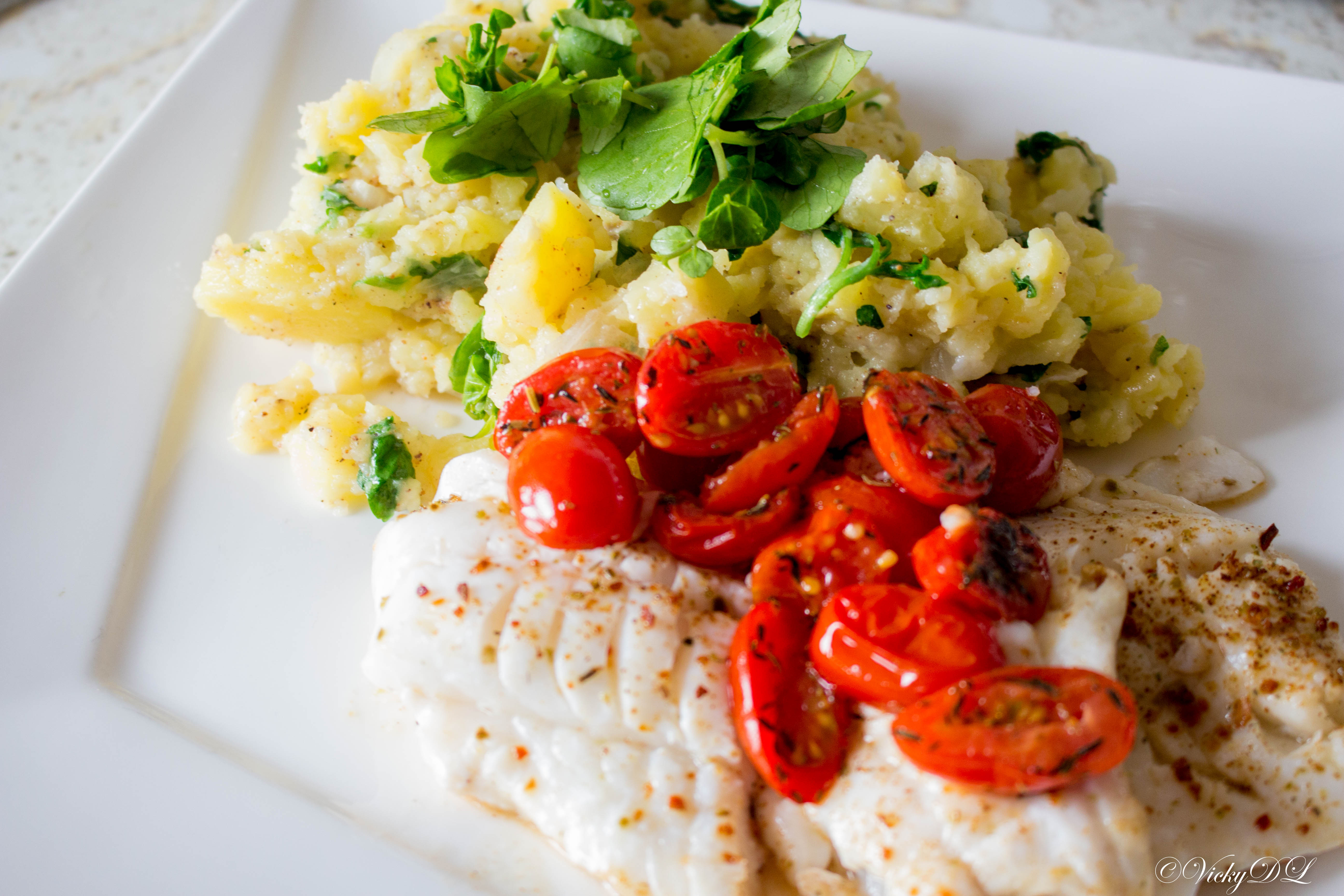 Kabeljauw met aardappelstomp van waterkers – Vickylicious